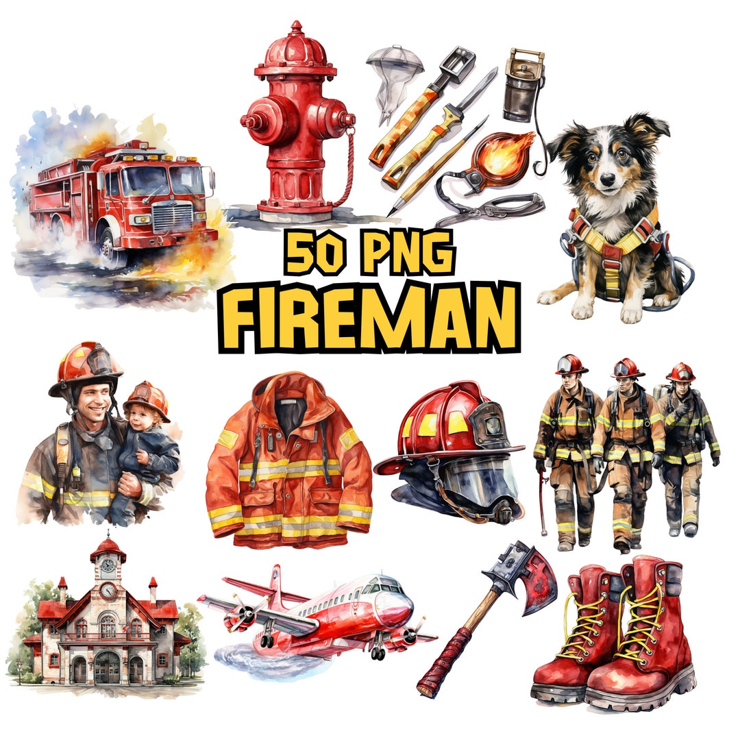 Watercolor Fireman Clipart | Firefighter, Helmet, Hose, Extinguisher ...