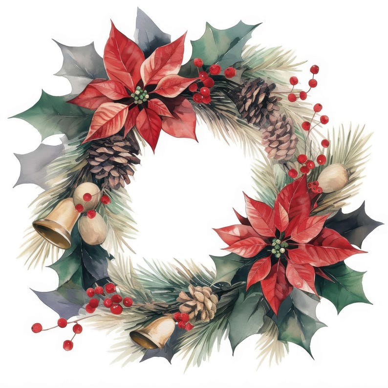 23 Christmas Wreath Clipart Set, Printable Watercolor Pointsettia ...