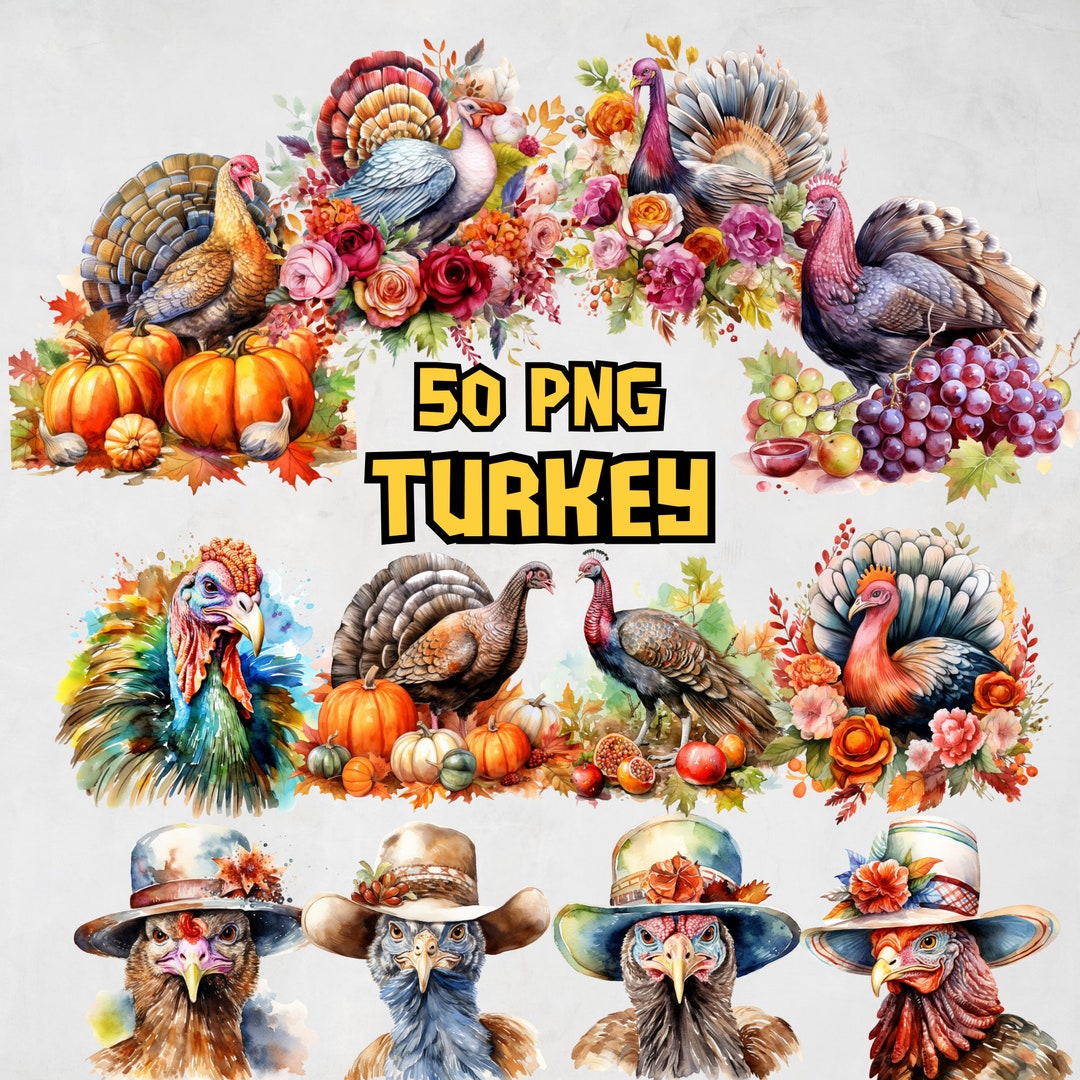 Watercolor Turkey Clipart Bundle, Thanksgiving PNG Clipart Set, Dinner ...
