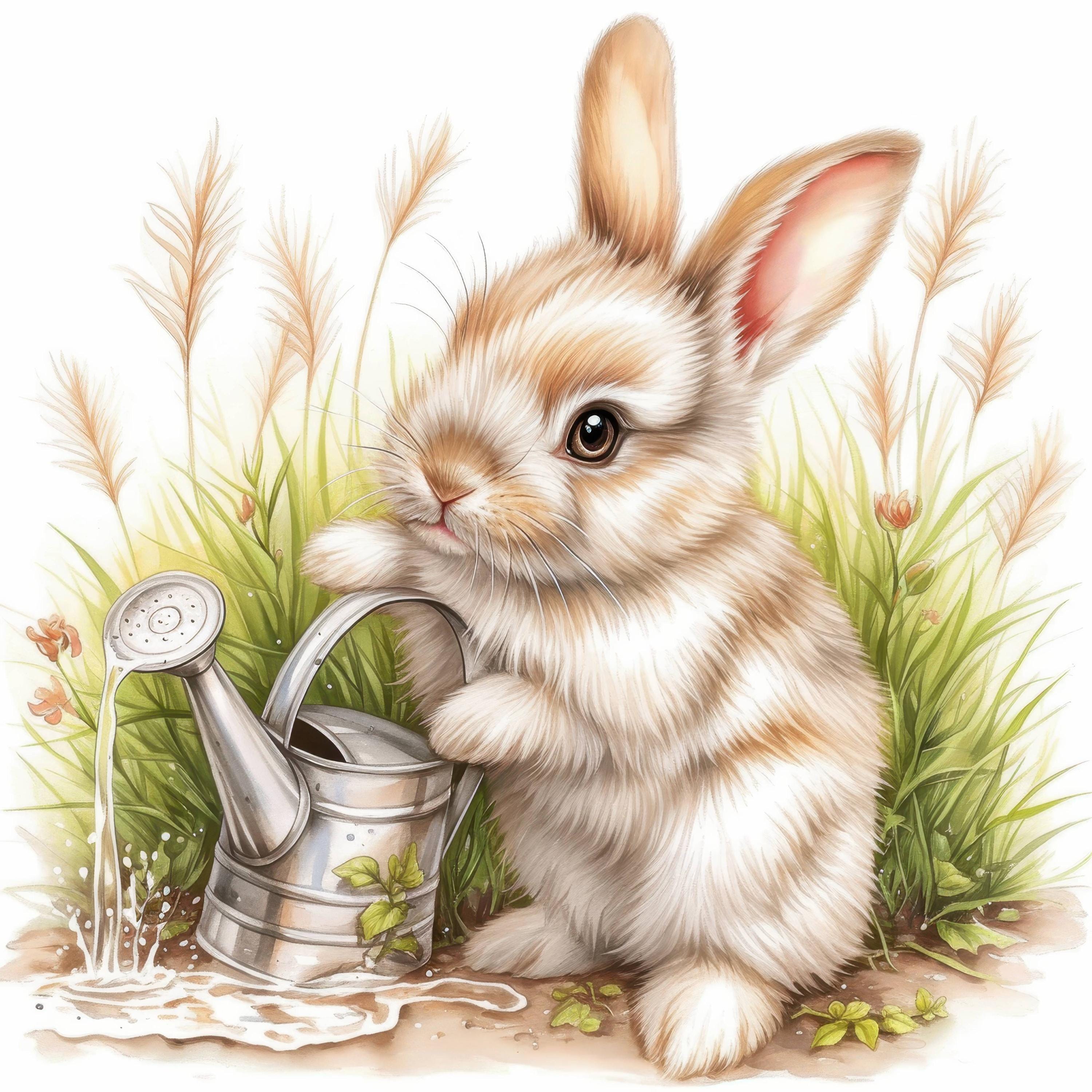10 Bunny Watering Carrot Clipart Bundle, Cute Rabbit Illustration ...