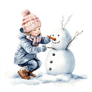 26 Watercolor Kid Making a Snowman Clipart Bundle, Snow Winter Clipart ...