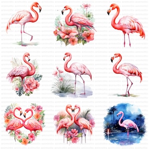 Watercolor Flamingos Clipart Bundle, Tropical Bird Clipart Set, Pink ...