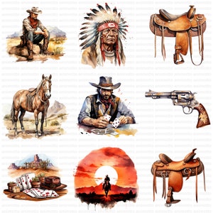 Watercolor Western Clipart Bundle, Wild West PNG Graphics, Cowboy Boots ...