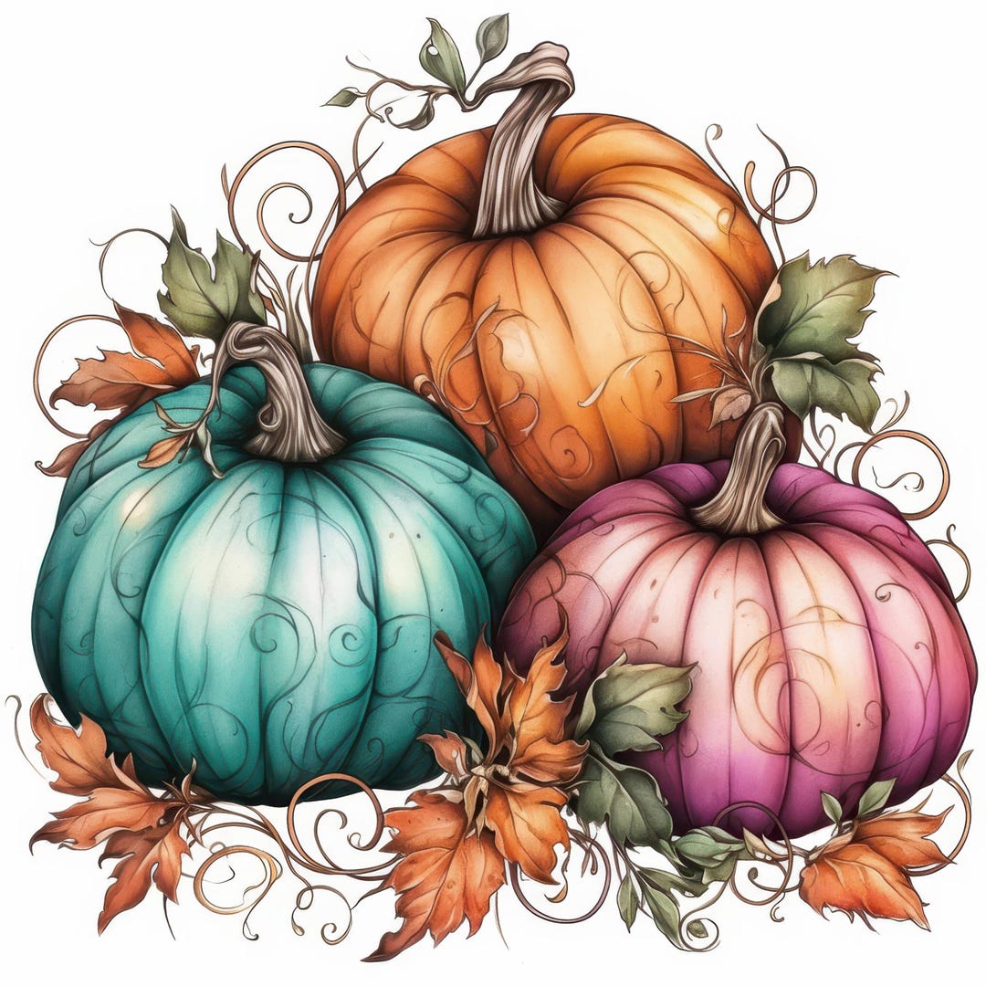 Folk Art Pumpkins Clip Art 20 High Res Watercolor JPG Junk Journaling ...