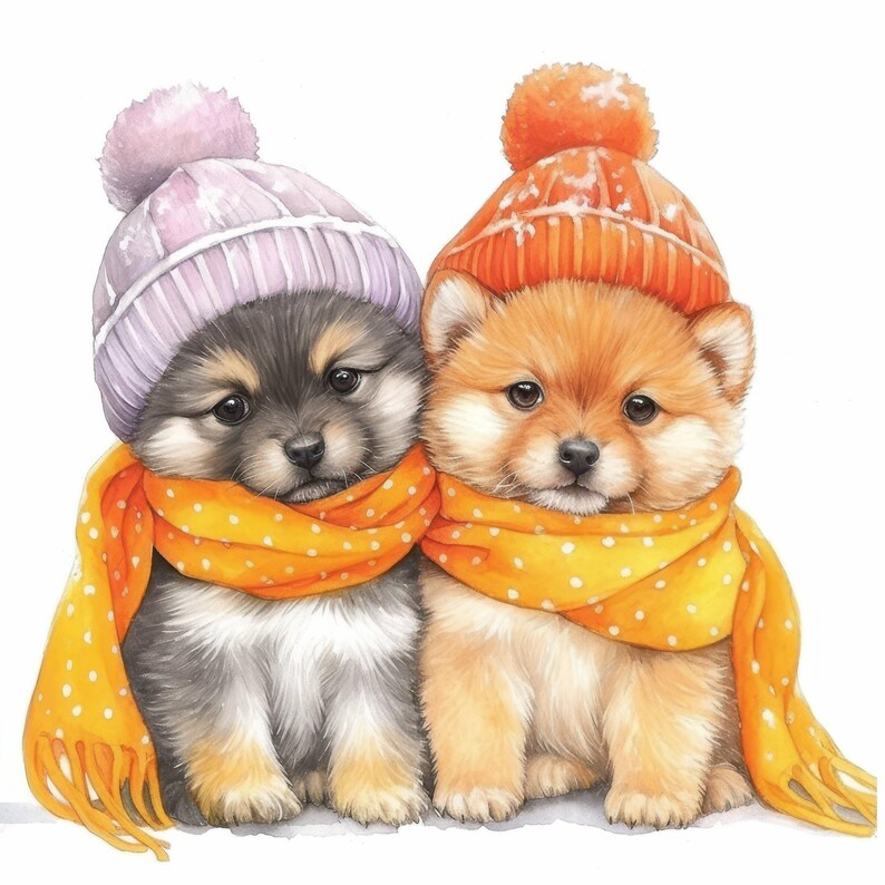 10 Puppies in Wool Hat Clipart Bundle, Winter Puppy Illustrations ...