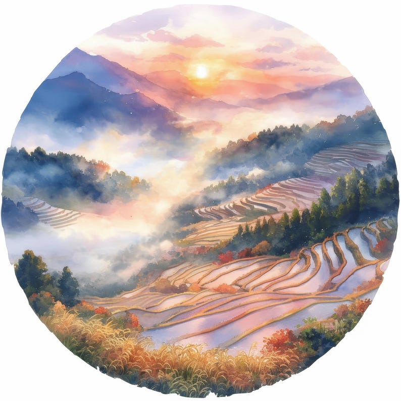 10 Rice Terrace Sunrise Clipart Bundle, Serene Illustrations, Printable ...