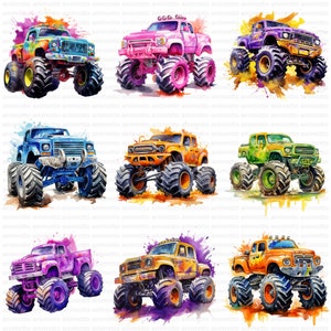 Watercolor Monster Trucks Clipart Bundle, Extreme Offroad Vehicle ...