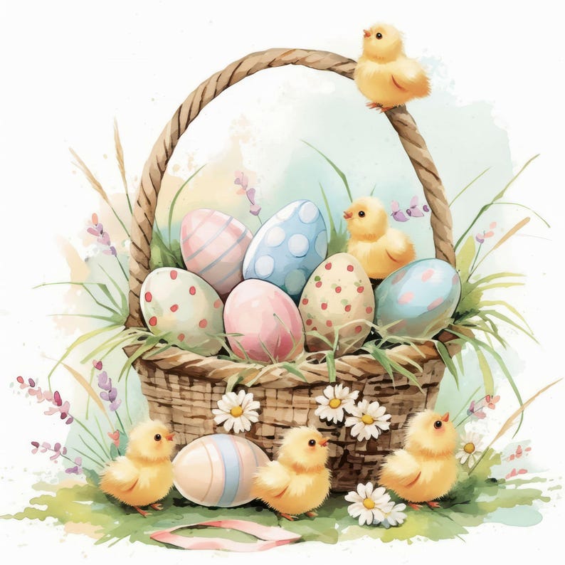 10 Easter Basket Clipart Set, Easter Chicks Illustrations, Printable ...
