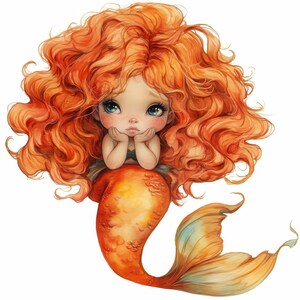 8 Ginger Mermaids Clipart Bundle, Printable Watercolor Cute Mermaid ...