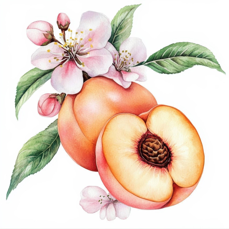 12 Peach Fruit Clipart Bundle, Floral Peach Images Illustrations ...