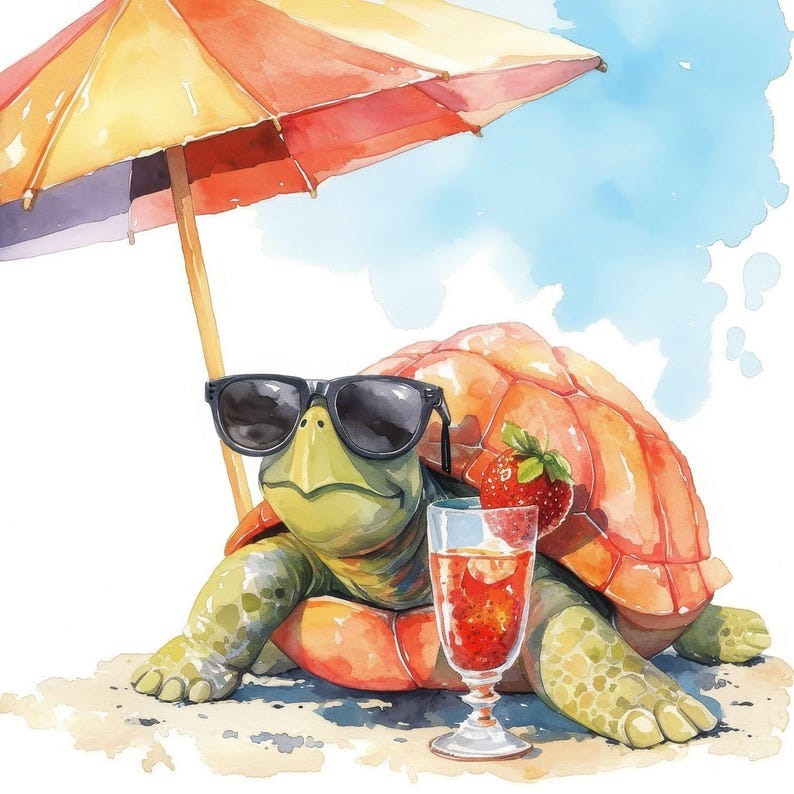 11 Turtle on Vacation Clipart, Beach Images, Printable Watercolor ...