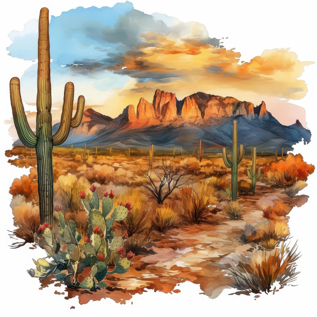 12 Desert Landscapes Clipart Bundle, Printable Watercolor Images, Arid ...