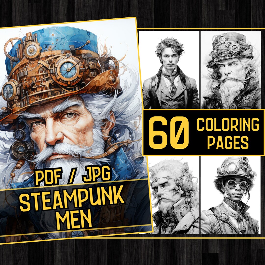 Steampunk Men 60 Coloring Page Book, Adults Kids Instant Download ...