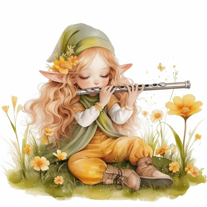 12 Funny Elf Clipart Bundle, Elf Playing Flute Illustrations, Printable ...