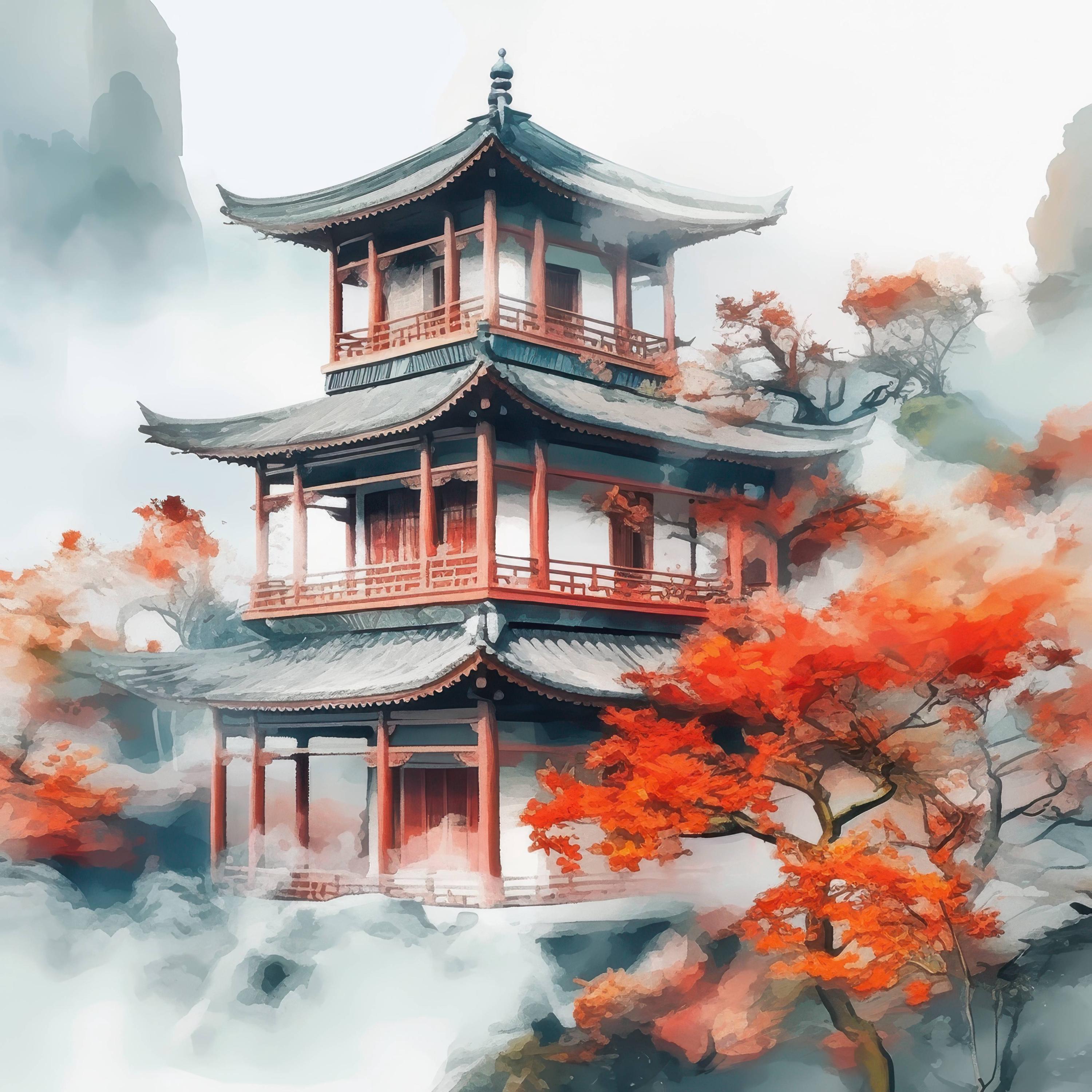 17 Mountain Pagoda Clipart Bundle, Chinese Landscape Graphics ...