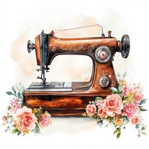16 Vintage Floral Sewing Machine Watercolor Clipart Bundle, Printable ...