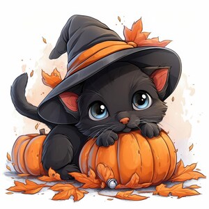 15 Cute Halloween Black Cats Printable Watercolor Clipart , Halloween ...