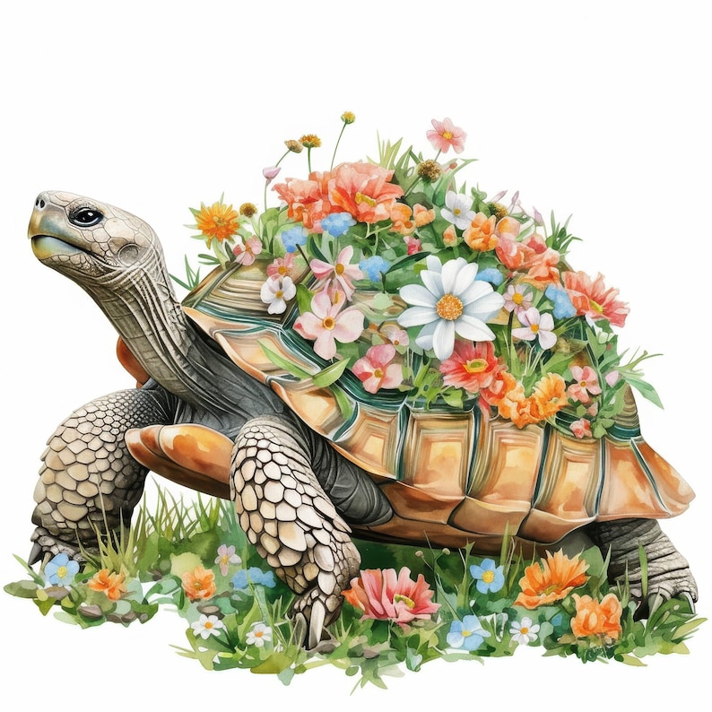 12 Turtle With Flower Shell Clipart Bundle, Floral Illustrations ...
