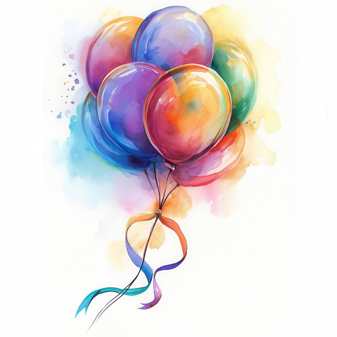 18 Colorful Celebration Balloons Clipart Bundle, Printable Watercolor ...