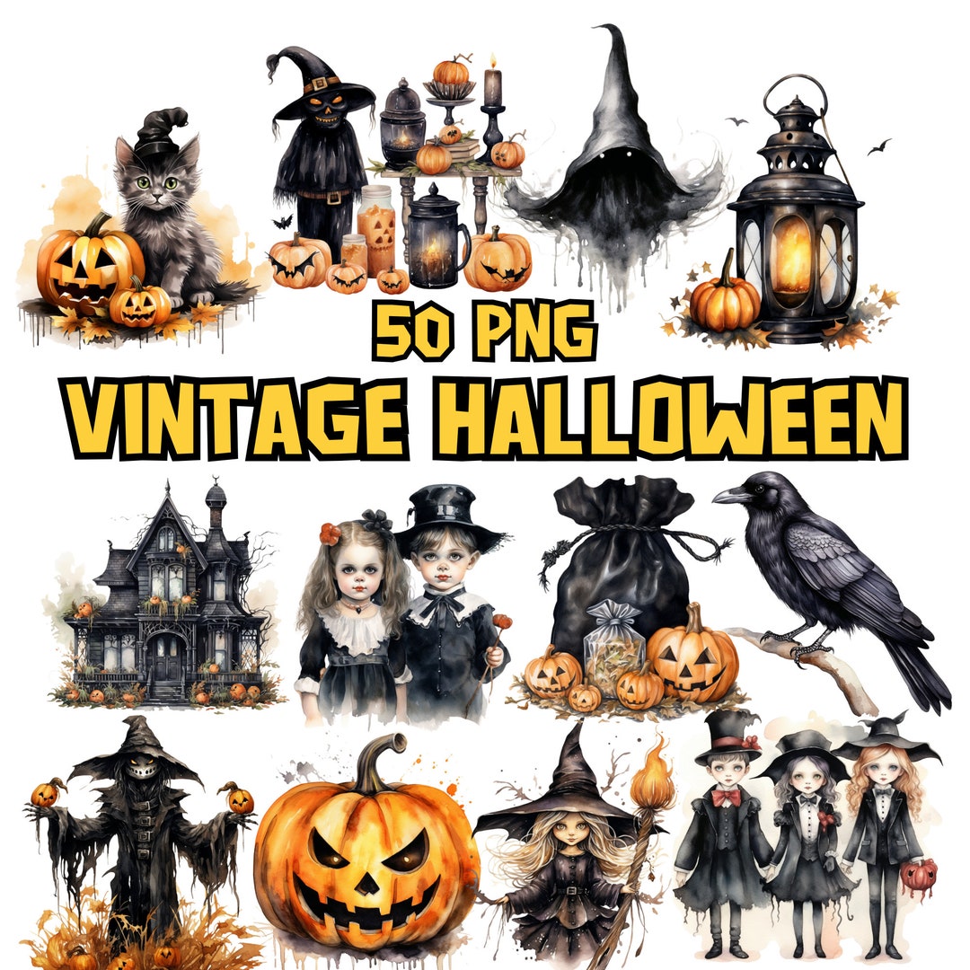 Watercolor Vintage Halloween Clipart Bundle, Retro PNG Graphic, Vintage ...