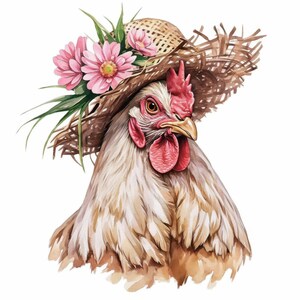 10 Summer Chicken Clipart Bundle, Chicken With Straw Hat Images ...