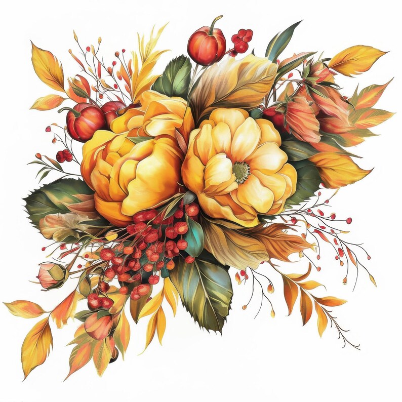 12 Floral Autumn Clipart Bundle, Fall Flowers Illustrations, Printable ...