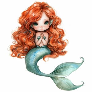 8 Ginger Mermaids Clipart Bundle, Printable Watercolor Cute Mermaid ...
