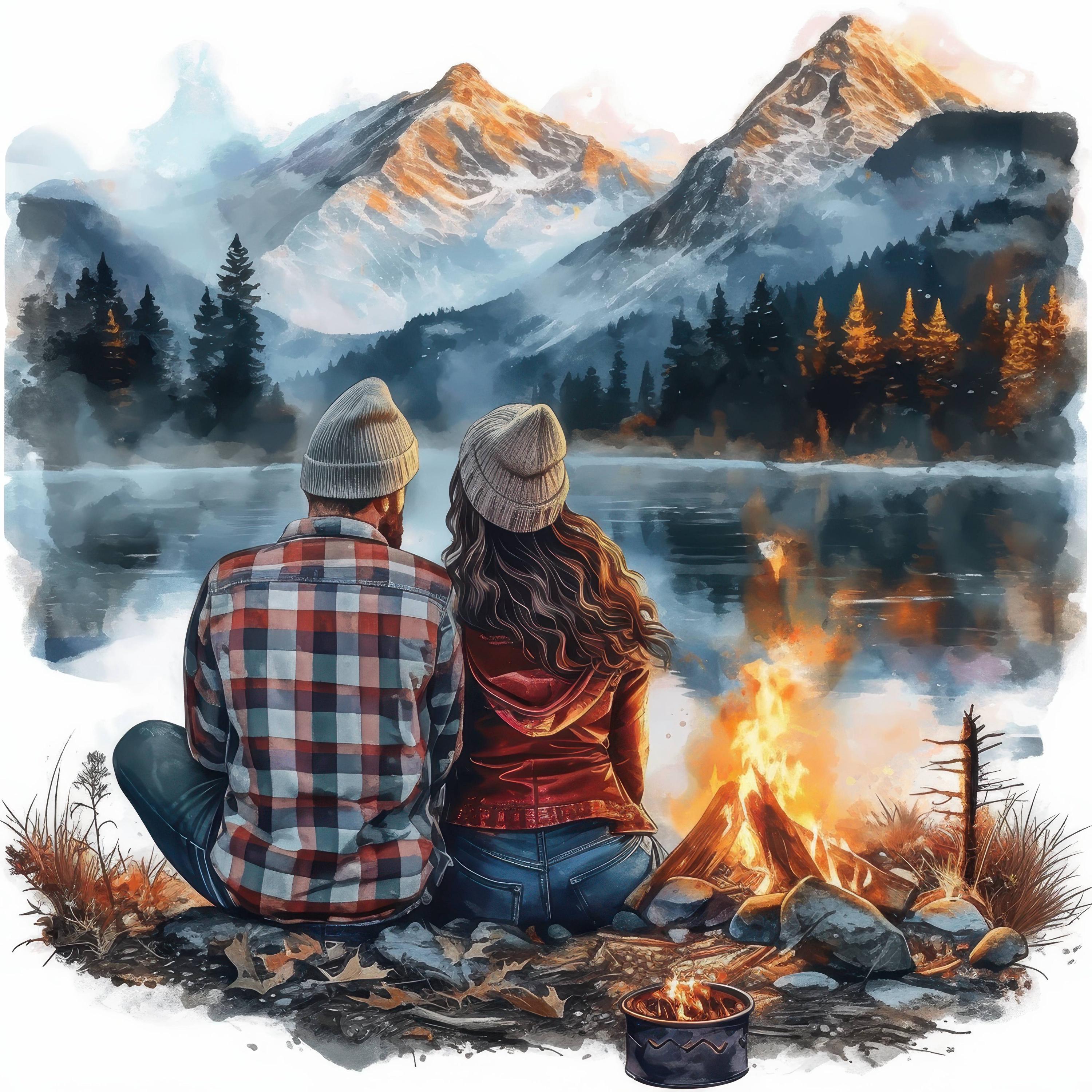 11 Mountain Campfire Couple Clipart Bundle, Camping Illustrations ...