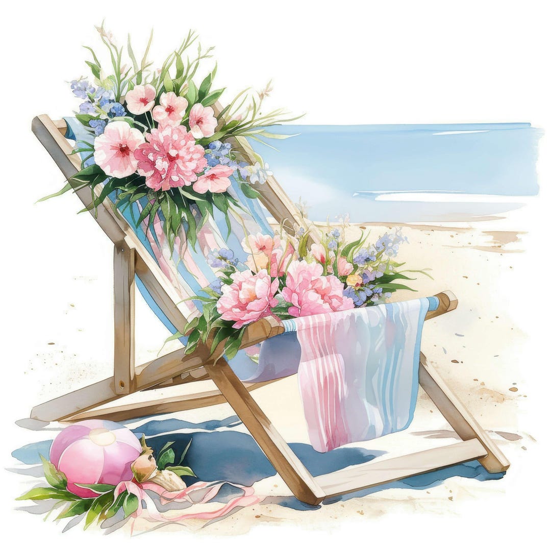 18 Floral Beach Chair Clipart Set, Printable Watercolor Summer Clipart ...