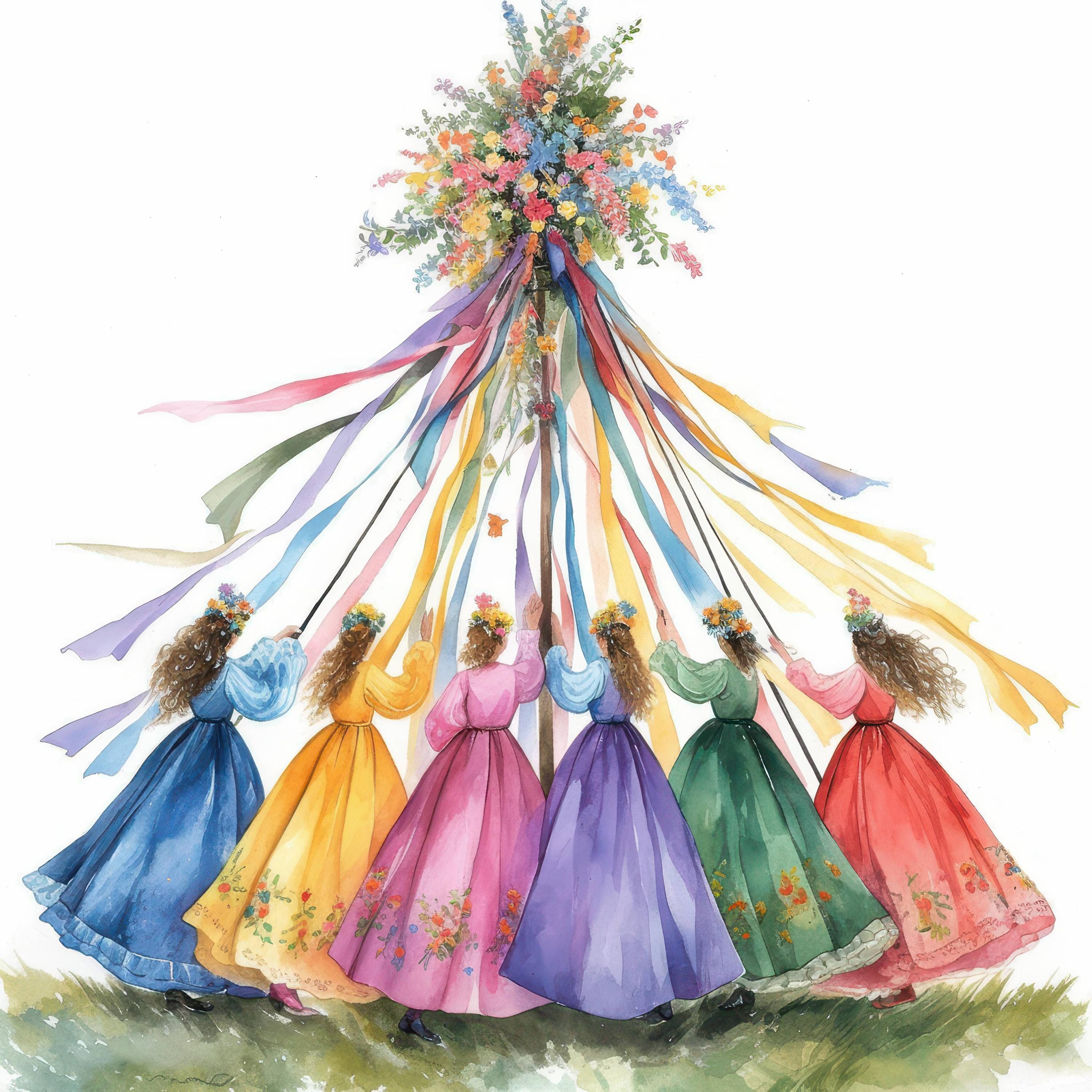 12 Maypole Ribbon Flower Clipart Set, Vibrant Illustration, Printable ...