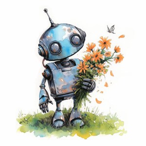 13 Cute Robots With Flowers Clipart Bundle, Printable Watercolor ...