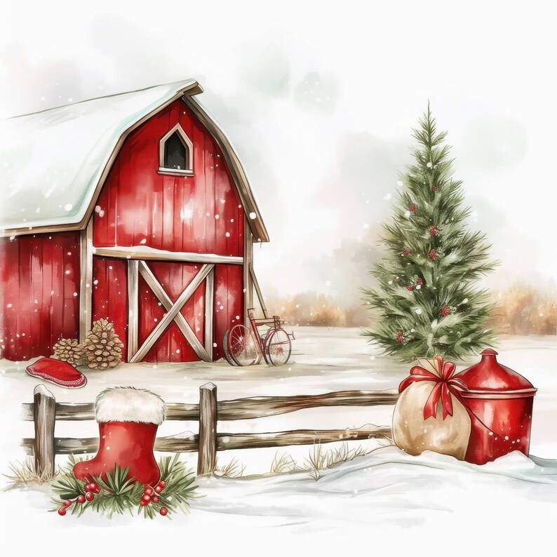 10 Christmas Red Barn Clipart Bundle, Festive Farm Illustrations ...