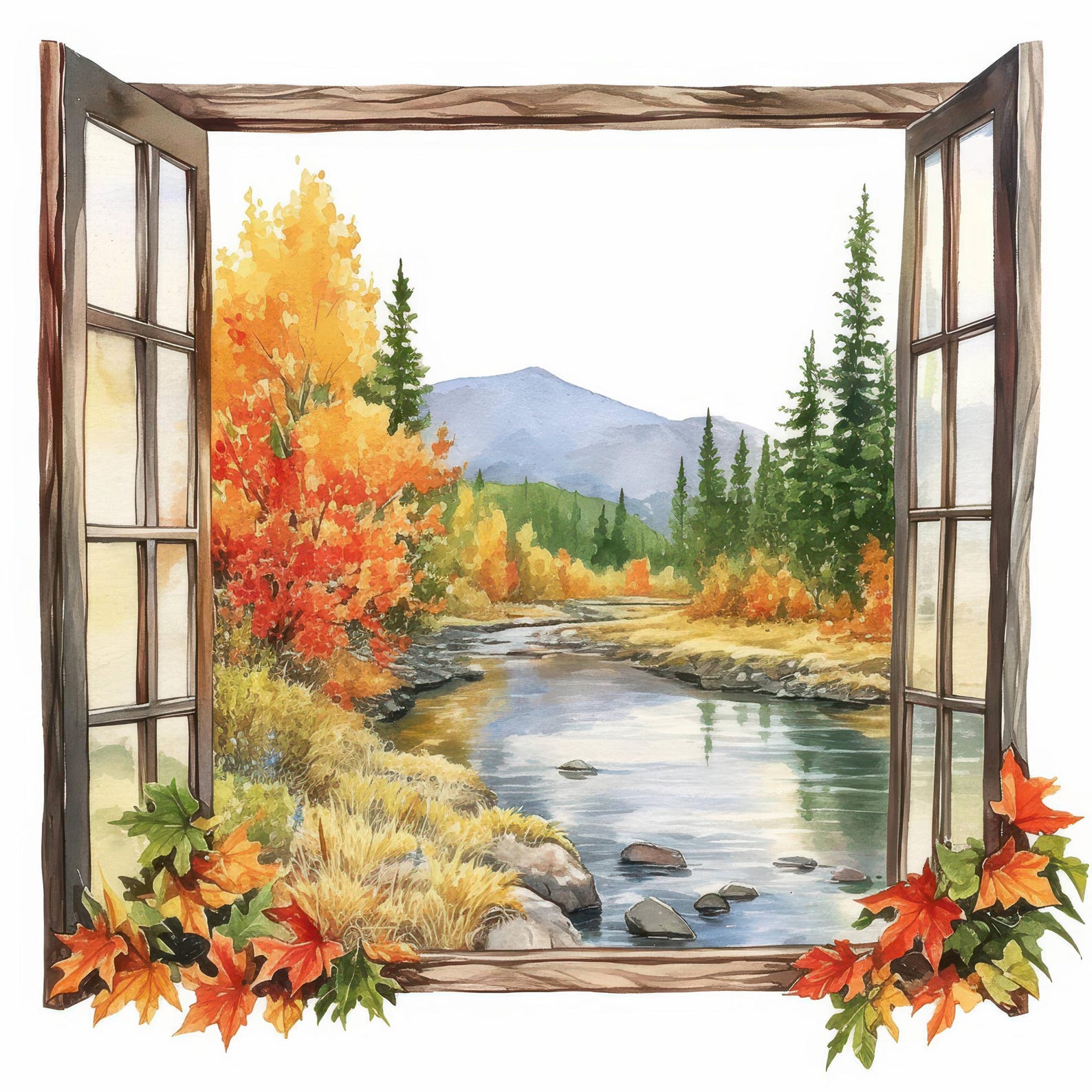 11 Charming Fall Windows Clipart Bundle, Printable Watercolor Autumn ...