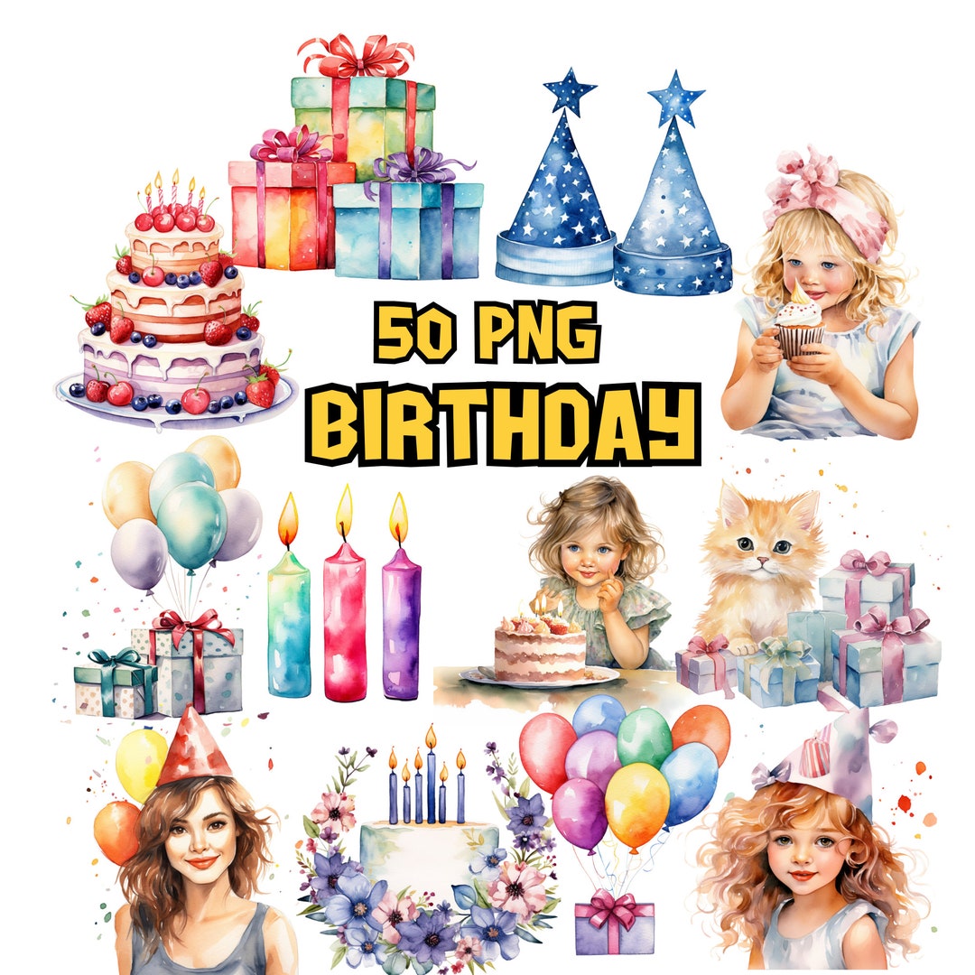 Watercolor Birthday Clipart Bundle, Birthday Cake Clipart Set, Colorful ...