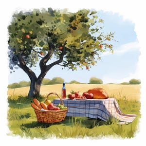 14 Doing Picnic Under a Tree Clipart Bundle, Watercolor Summer ...