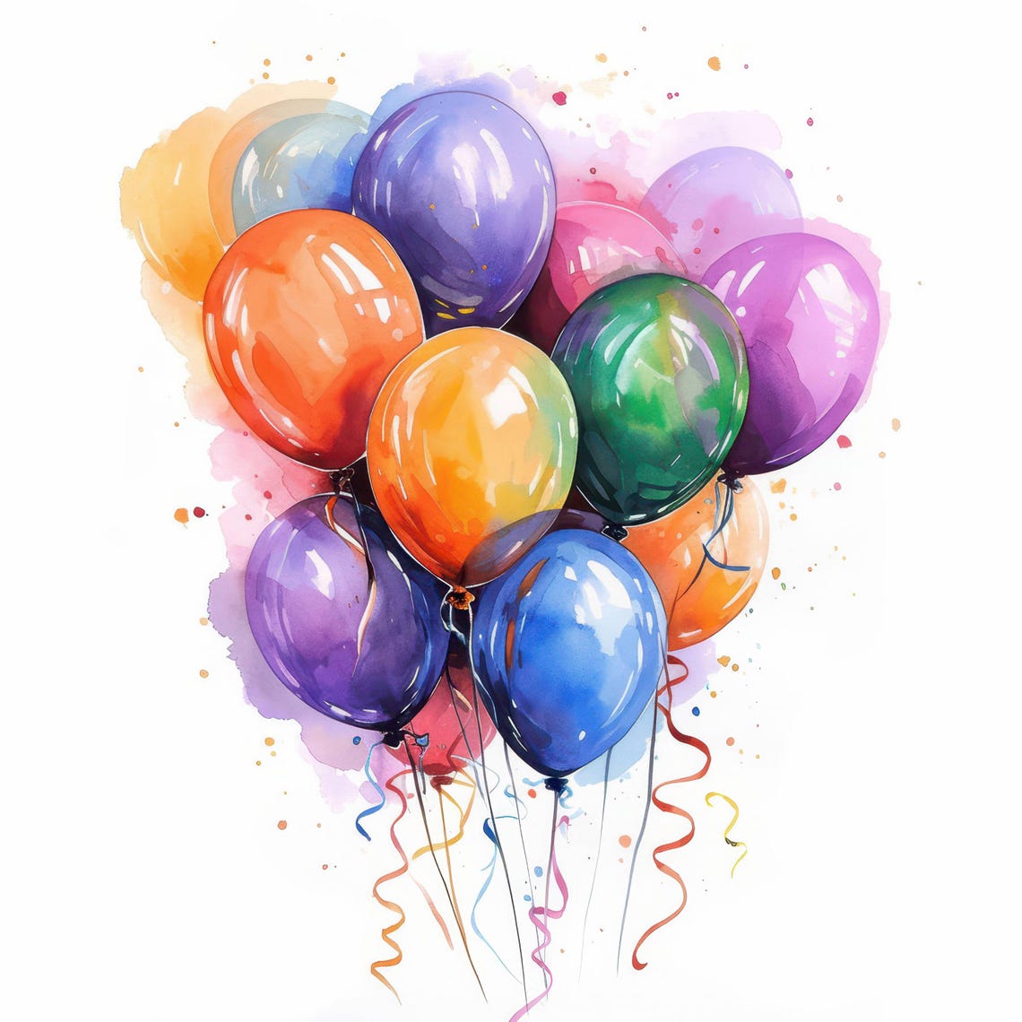 18 Colorful Celebration Balloons Clipart Bundle, Printable Watercolor ...