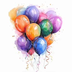 18 Colorful Celebration Balloons Clipart Bundle, Printable Watercolor ...