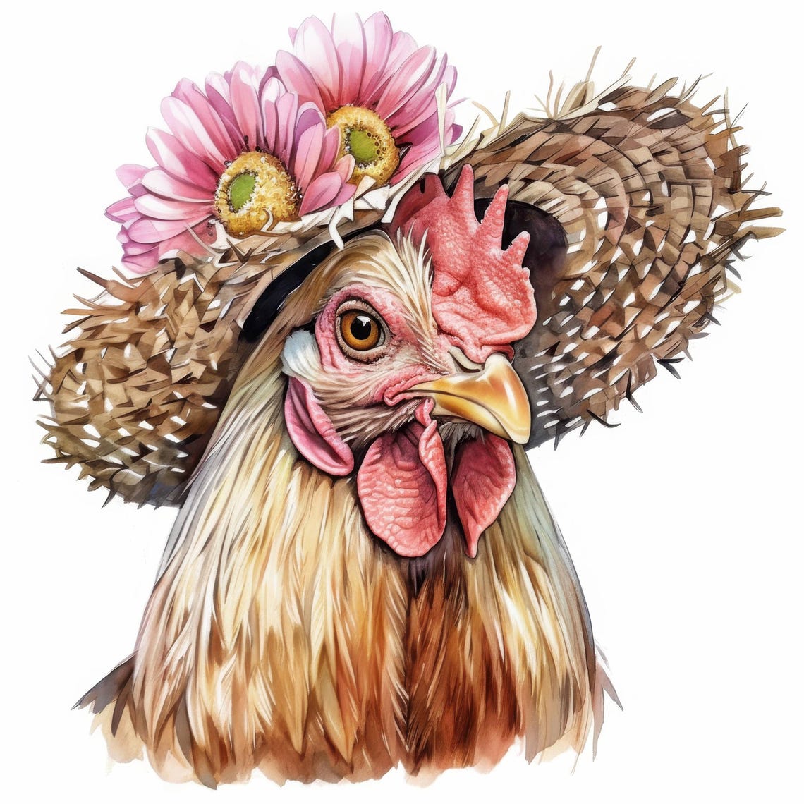 10 Summer Chicken Clipart Bundle, Chicken With Straw Hat Images ...