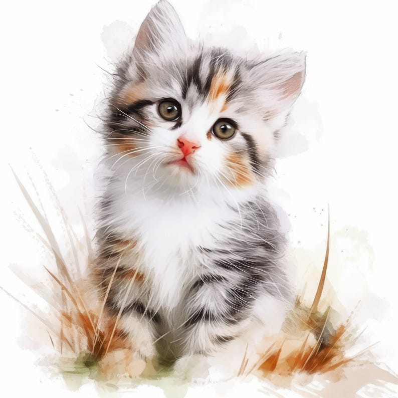 12 Fluffy Kitten Clipart Bundle, Cute Cat Prints Illustrations ...