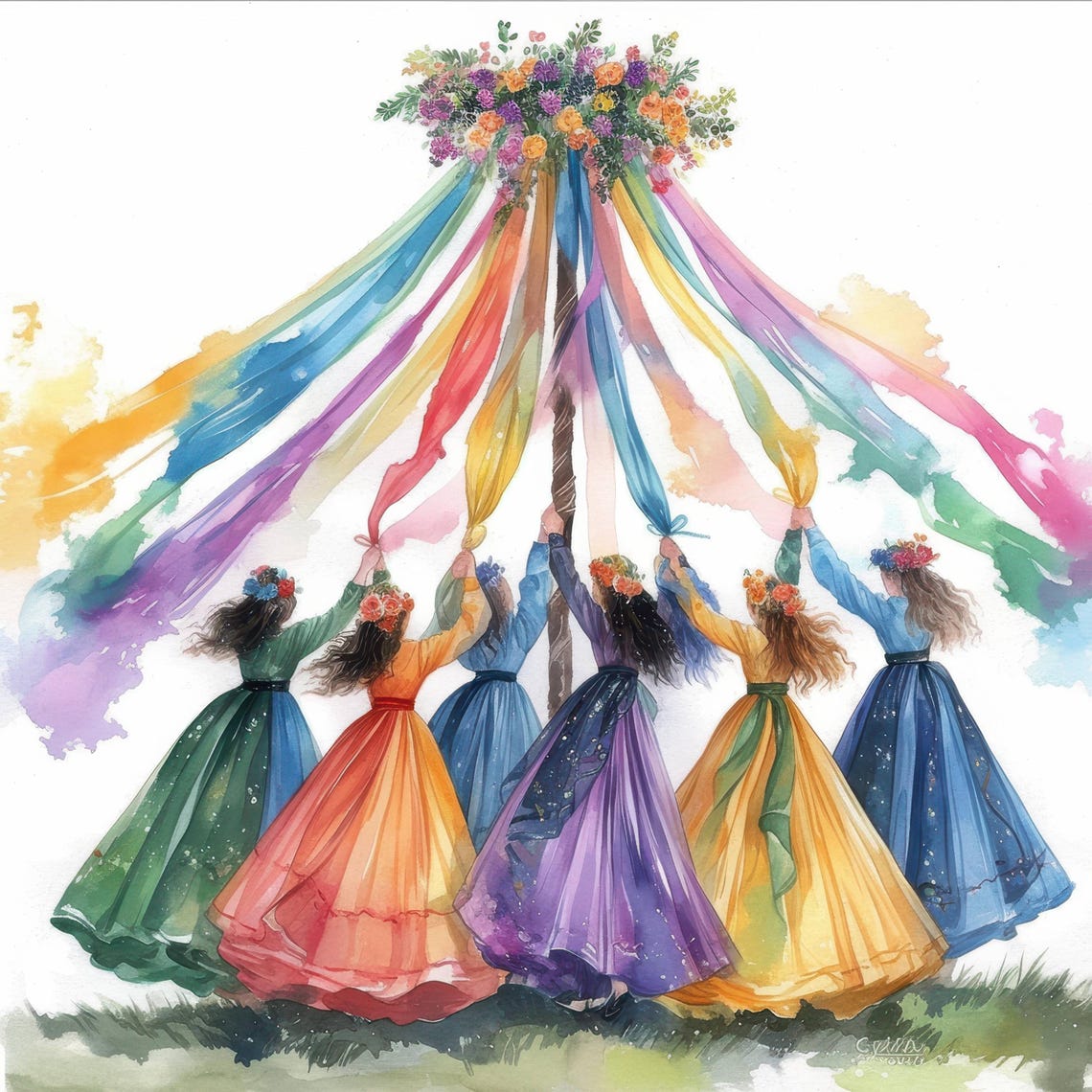 12 Maypole Ribbon Flower Clipart Set, Vibrant Illustration, Printable ...