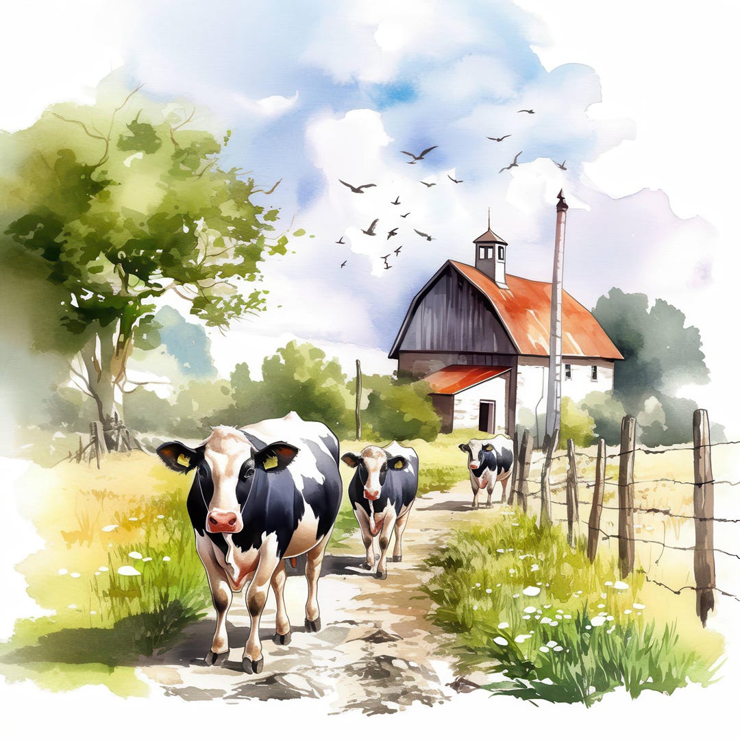 14 Farmyard Cows Clipart Bundle, Printable Watercolor Farm Landscapes ...