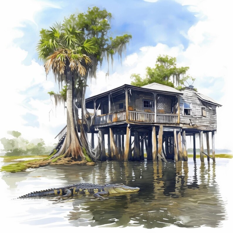 10 Old Shack on Bayou Clipart Bundle, Swamp Landscape Illustration ...