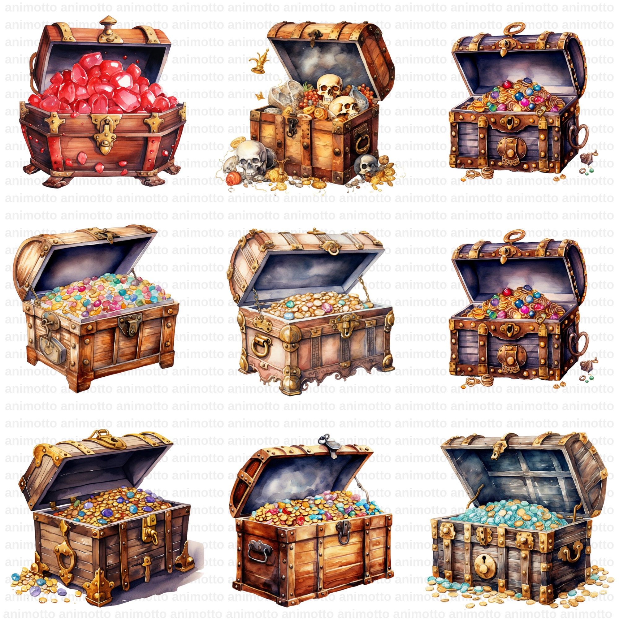 Watercolor Treasure Chests Clipart Bundle, Pirate Treasure PNG Set ...