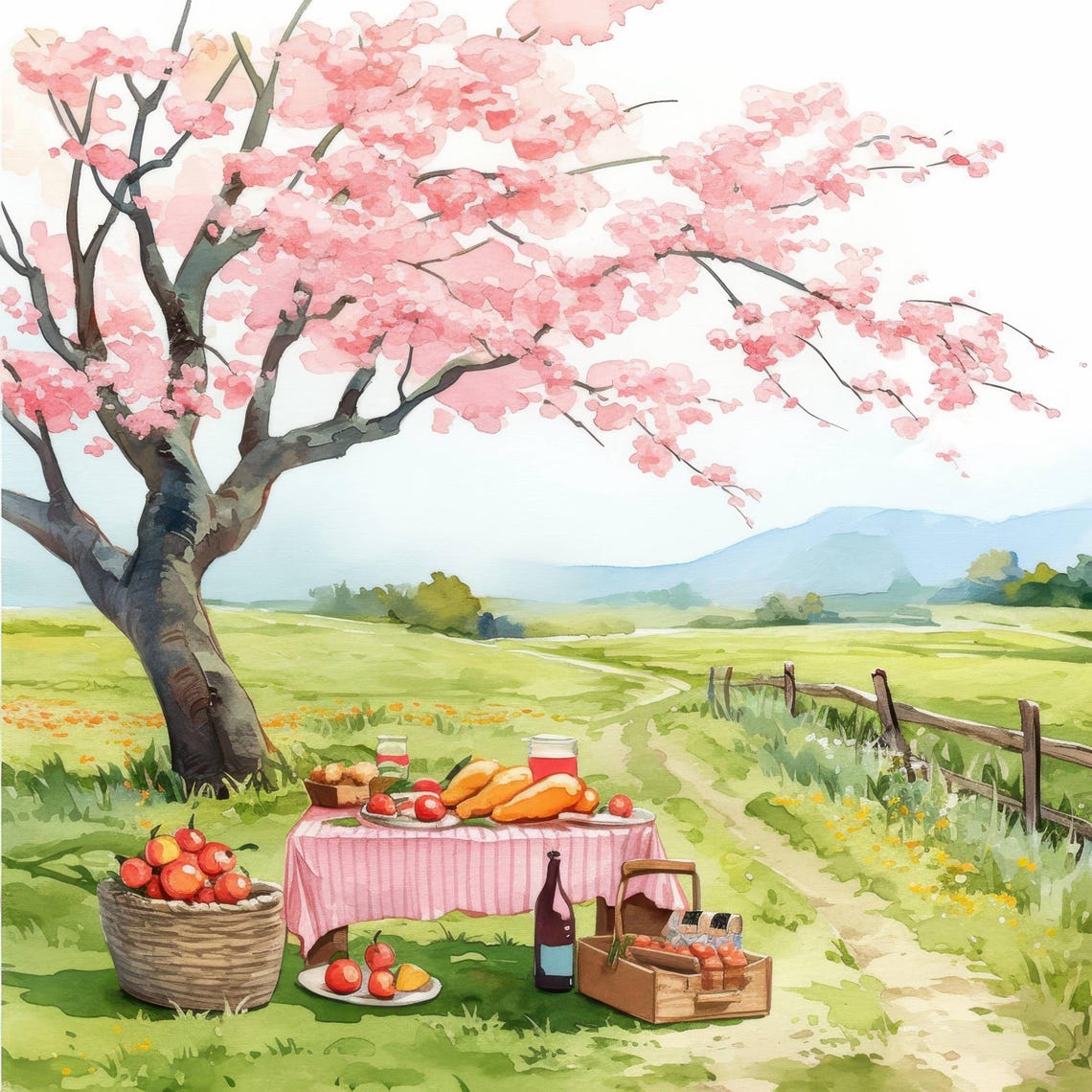 14 Doing Picnic Under a Tree Clipart Bundle, Watercolor Summer ...