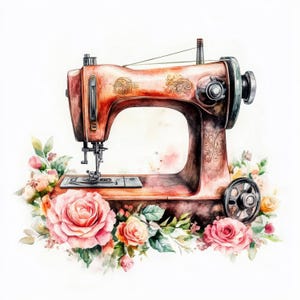 16 Vintage Floral Sewing Machine Watercolor Clipart Bundle, Printable ...