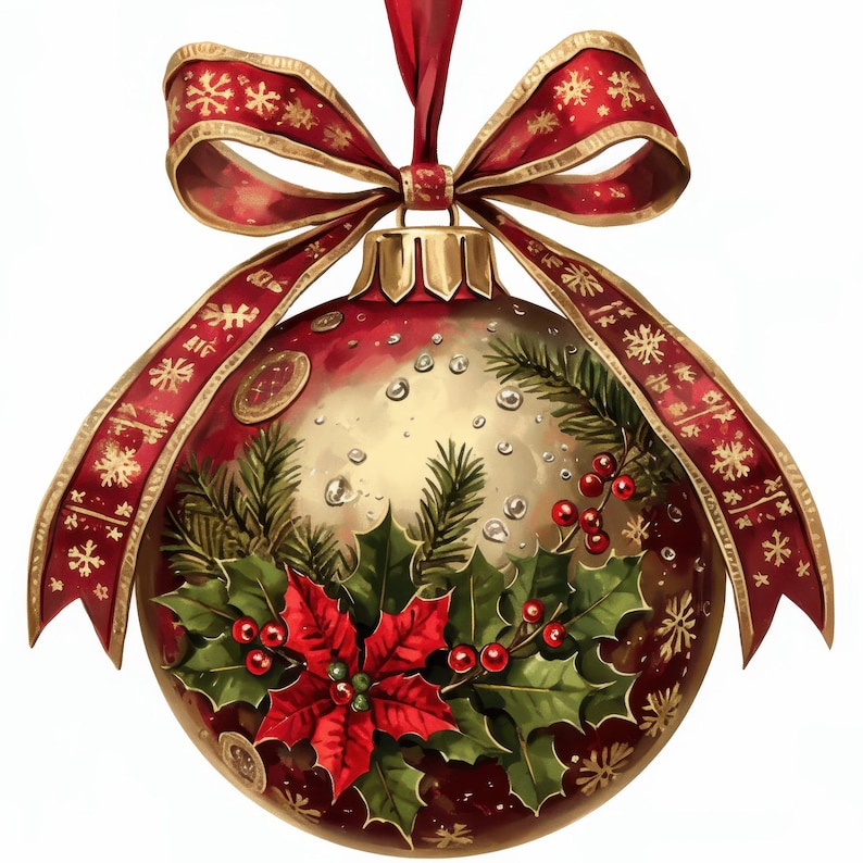 12 Red Gold Christmas Bauble Clipart Bundle, Printable Watercolor ...