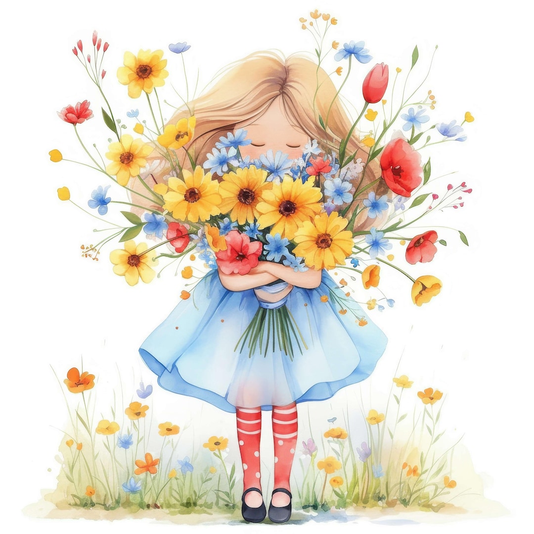 20 Whimsical Girl Clipart, Printable Watercolor Girl and Flower Bouquet ...