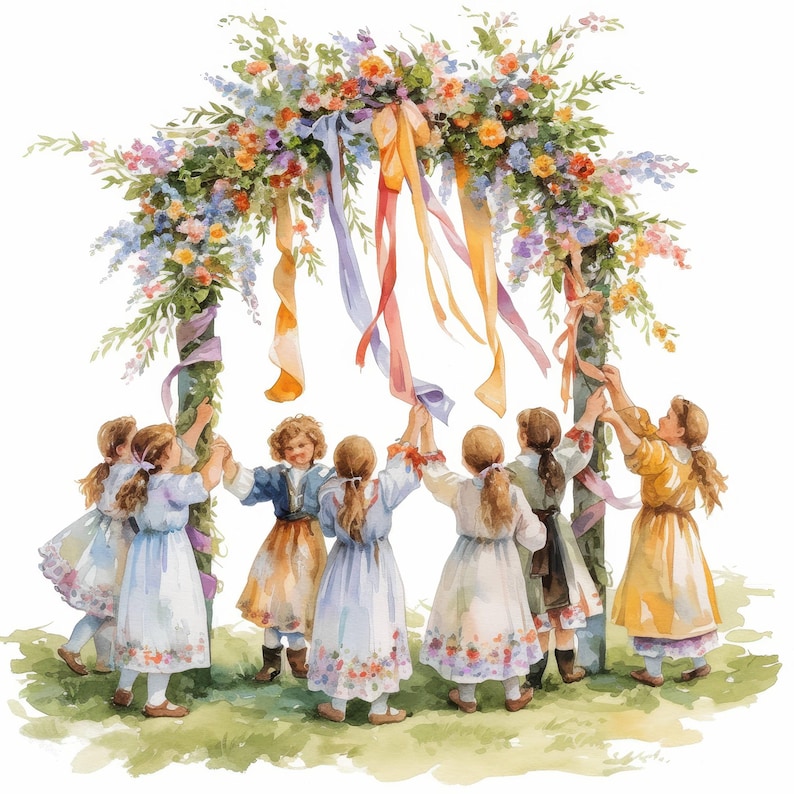 12 Maypole Ribbon Flower Clipart Set, Vibrant Illustration, Printable ...