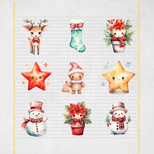 Watercolor Kawaii Christmas Clipart Bundle, Cute Christmas PNG Graphics ...