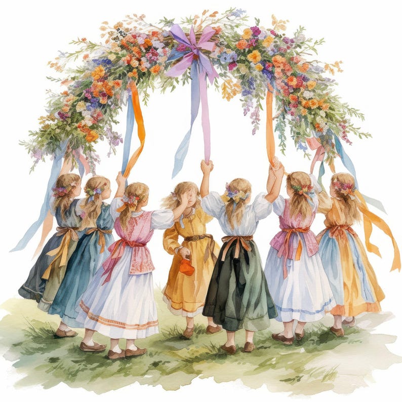 12 Maypole Ribbon Flower Clipart Set, Vibrant Illustration, Printable ...